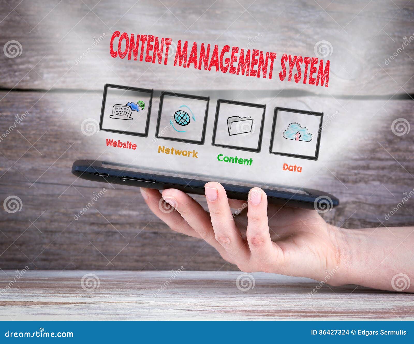 Content Management System Concept. Tablet Computer in the Hand Stock ...