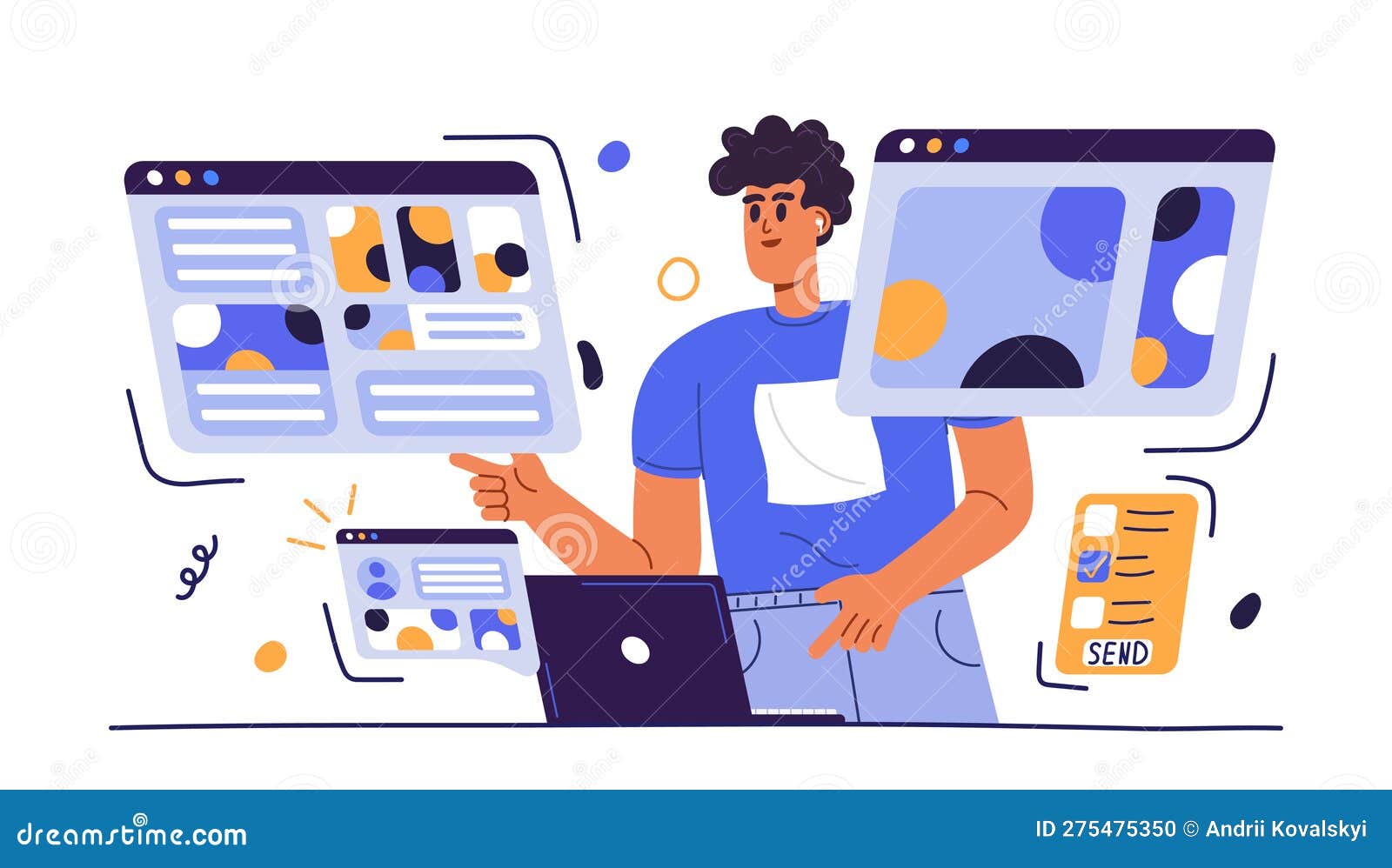 Content Manager with Laptop. Young Happy Man Managing SMM Strategy. CMS ...