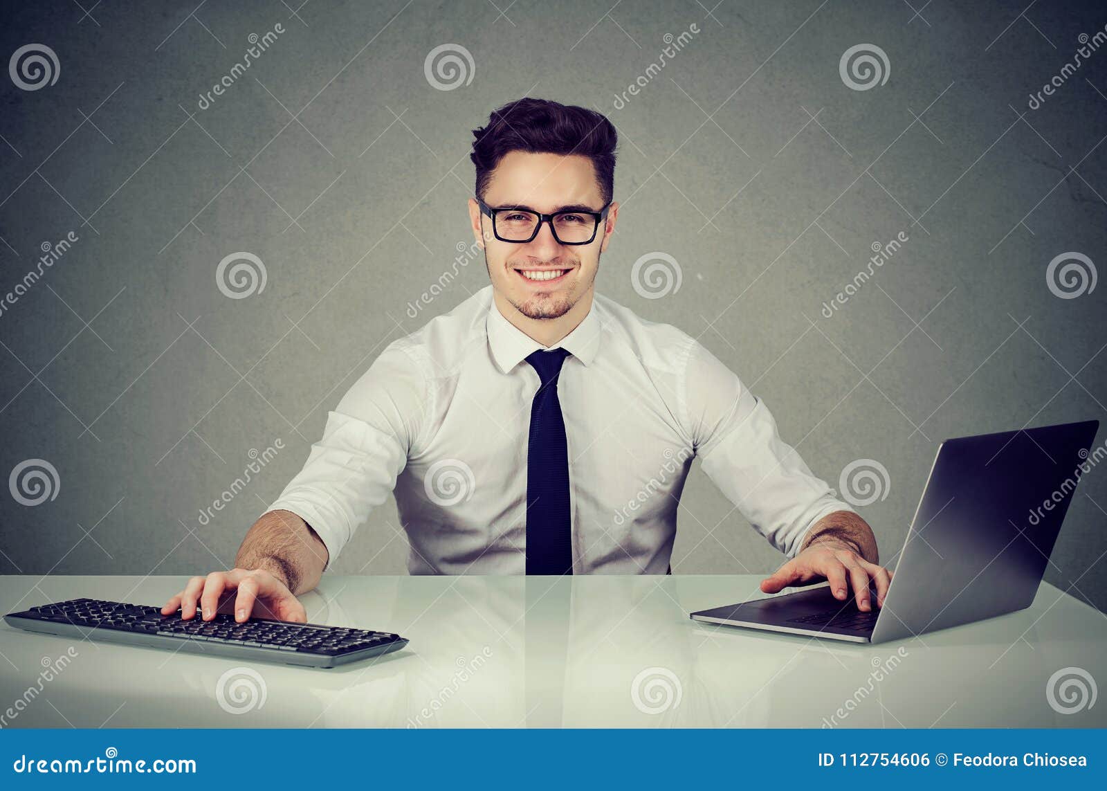 Content Multitasking Young Office Employee Stock Photo - Image of ...