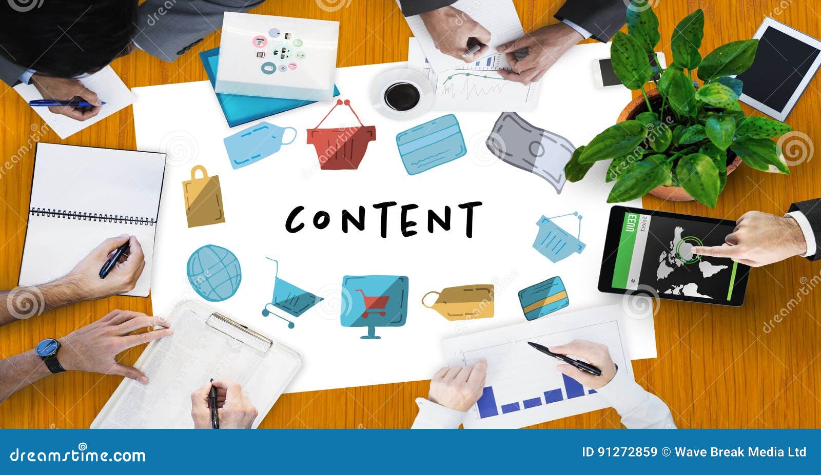 Content Text by Icons and Business People on Table Stock Illustration ...
