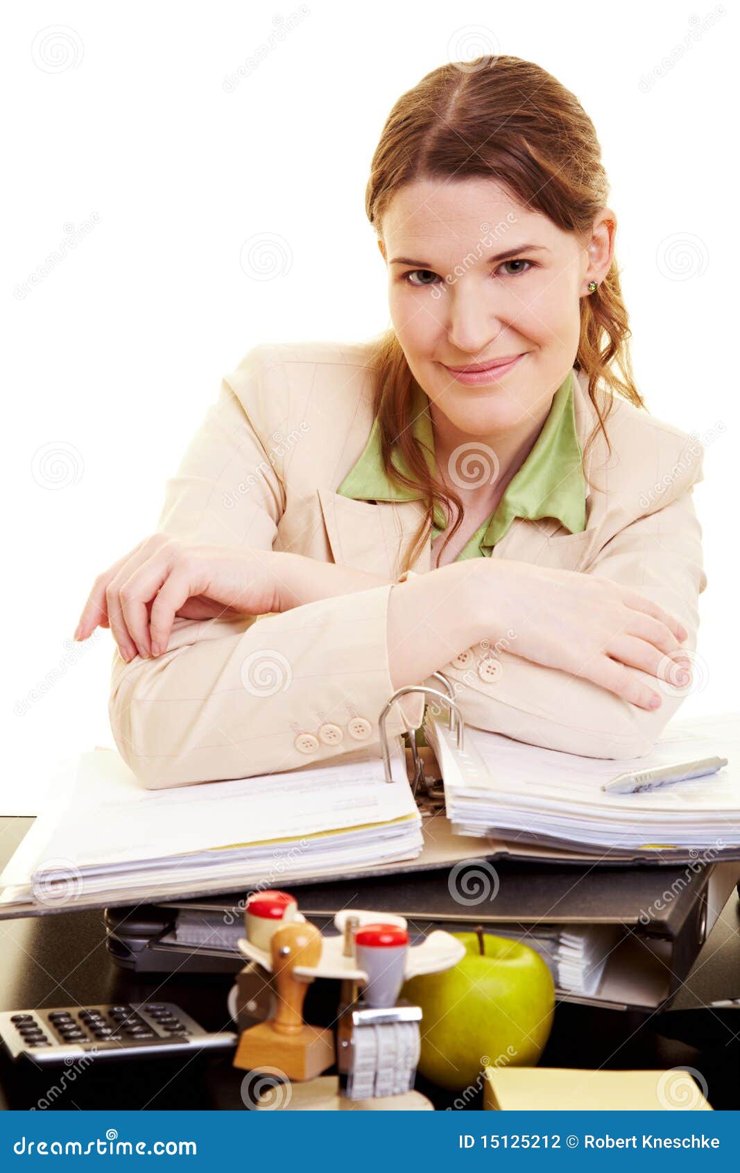 Content woman at her desk stock photo. Image of administration - 15125212