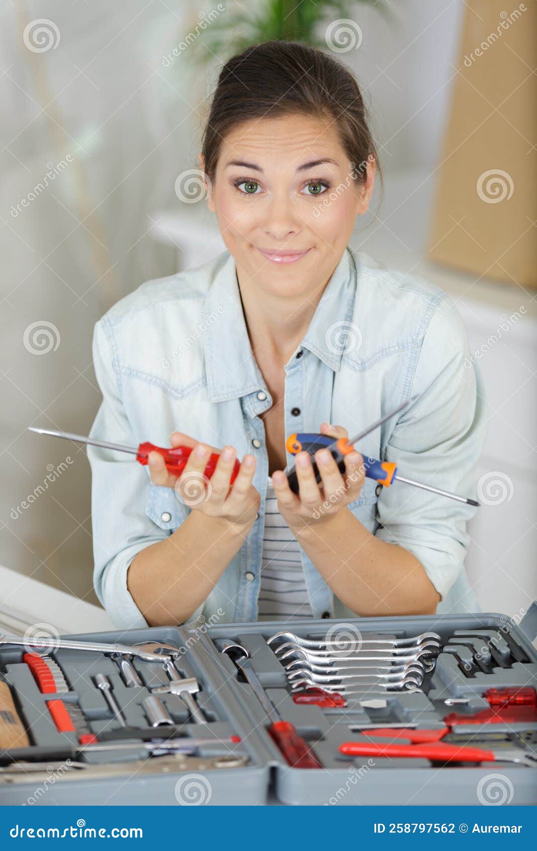 Content Woman Holding Tools Stock Photo - Image of decoration, adult ...