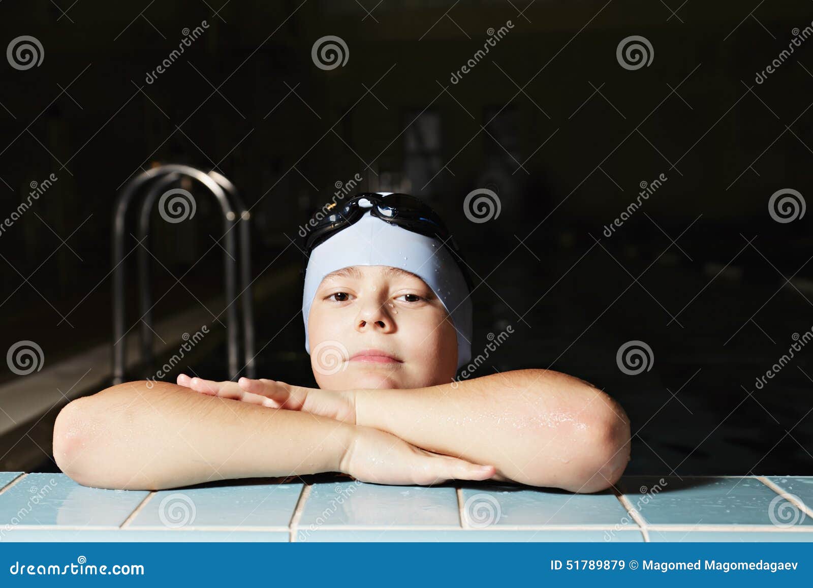 Contented Kid at the Swimming Pool Side Stock Image - Image of indoors ...