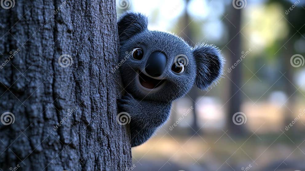 A Contented Koala Bear Hugging a Tree Trunk Surrounded by Lush Greenery ...