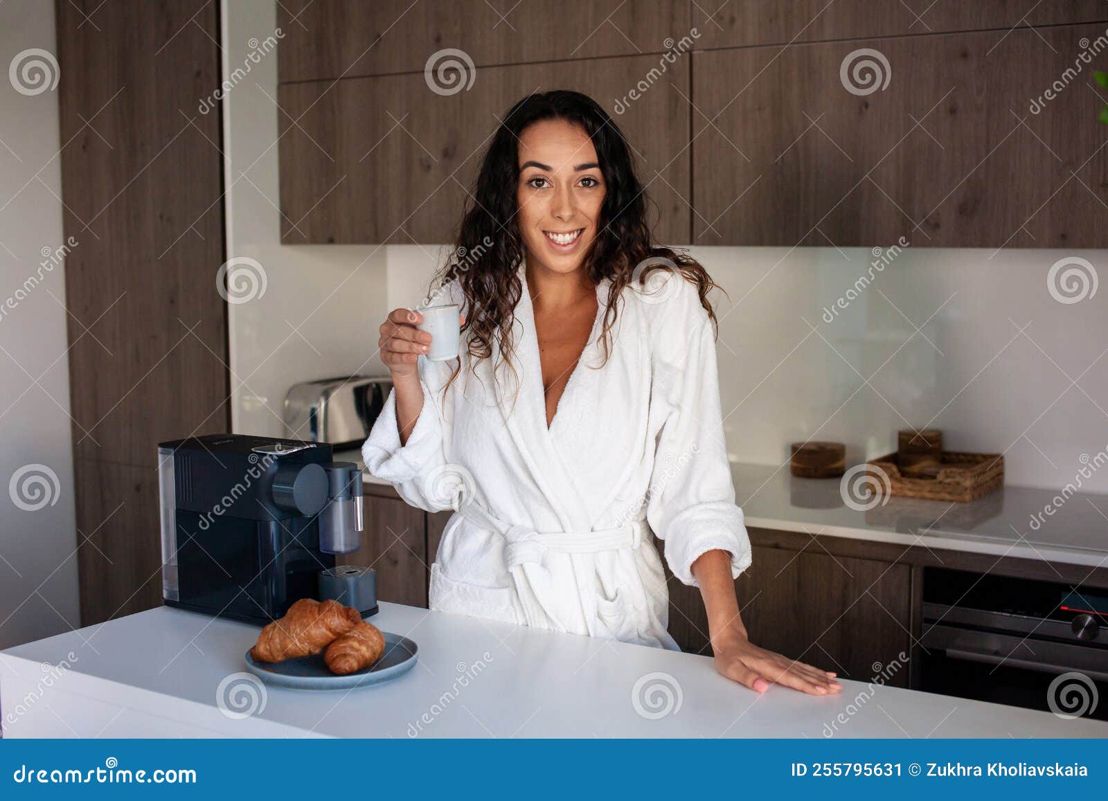 Contented Woman Making Morning Coffee at Home Stock Image - Image of ...