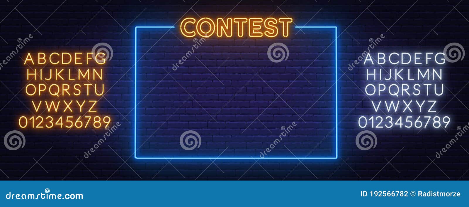 Contest Neon Text in Frame on Brick Wall Background. Template with ...