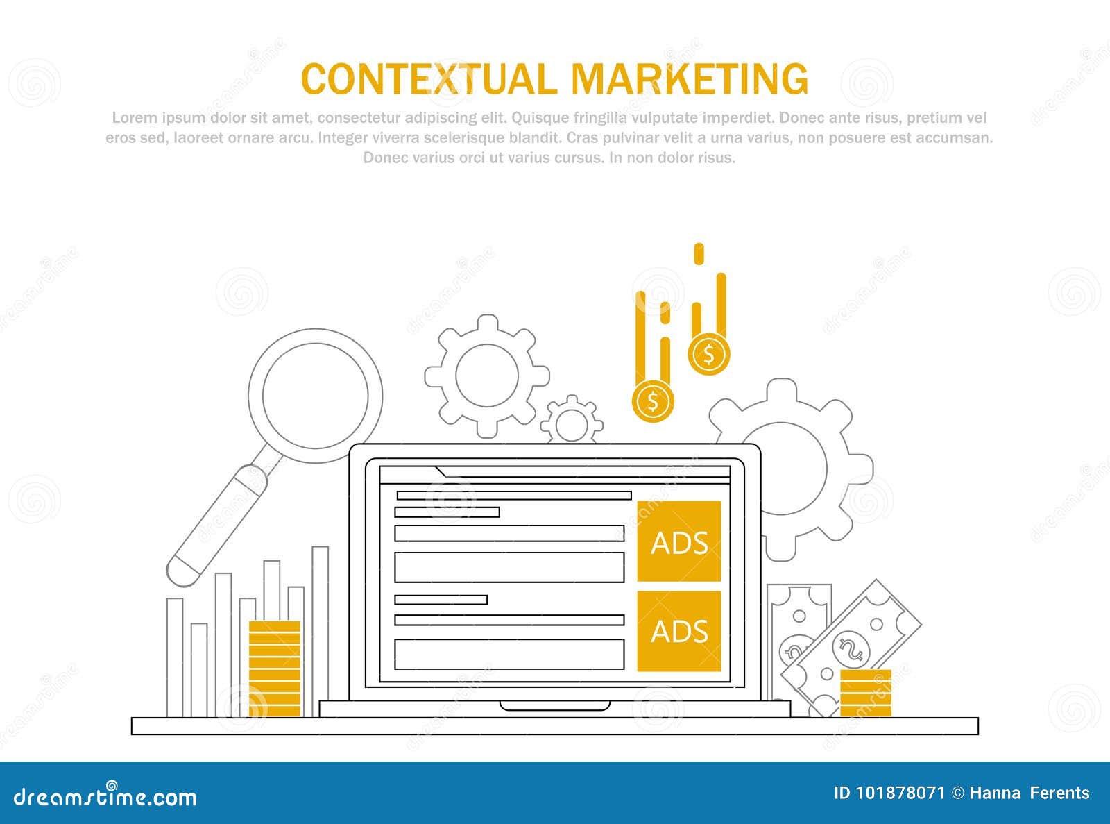 Contextual Marketing Banner. Computer with Ads on Display and Money for ...