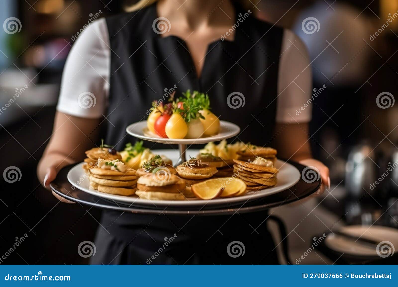 Continental Breakfast Served by Smiling Waitress with Selective Focus ...