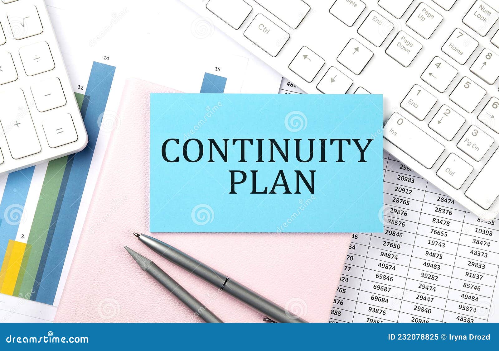 CONTINUITY PLAN Text on Blue Sticker on Chart with Calculator and ...