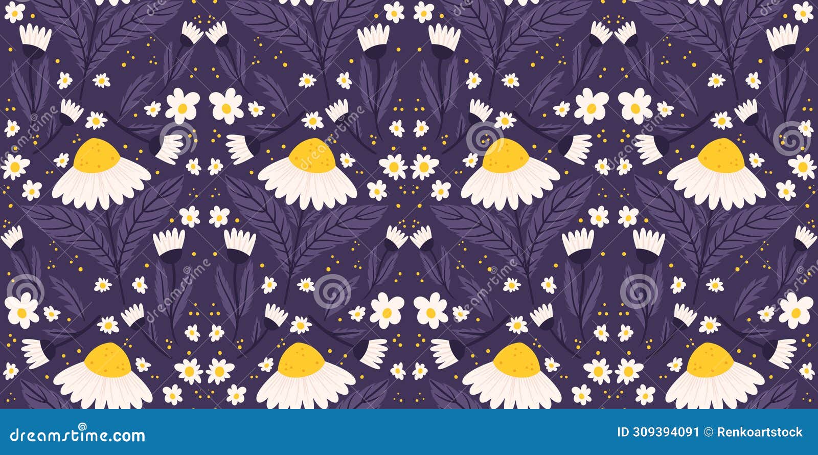Continuous Design Featuring a Daisy Motif in Midnight Purple Hue. Repeated Surface Pattern of ...
