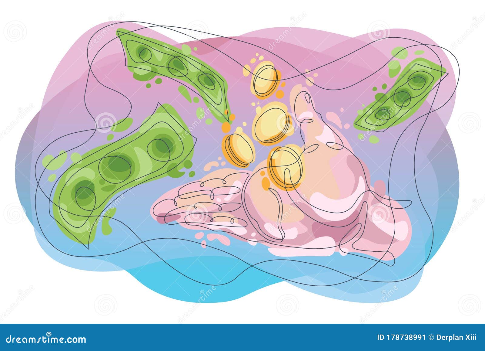Continuous Doodle Line Hand Palm with Flying Coins Stock Illustration ...
