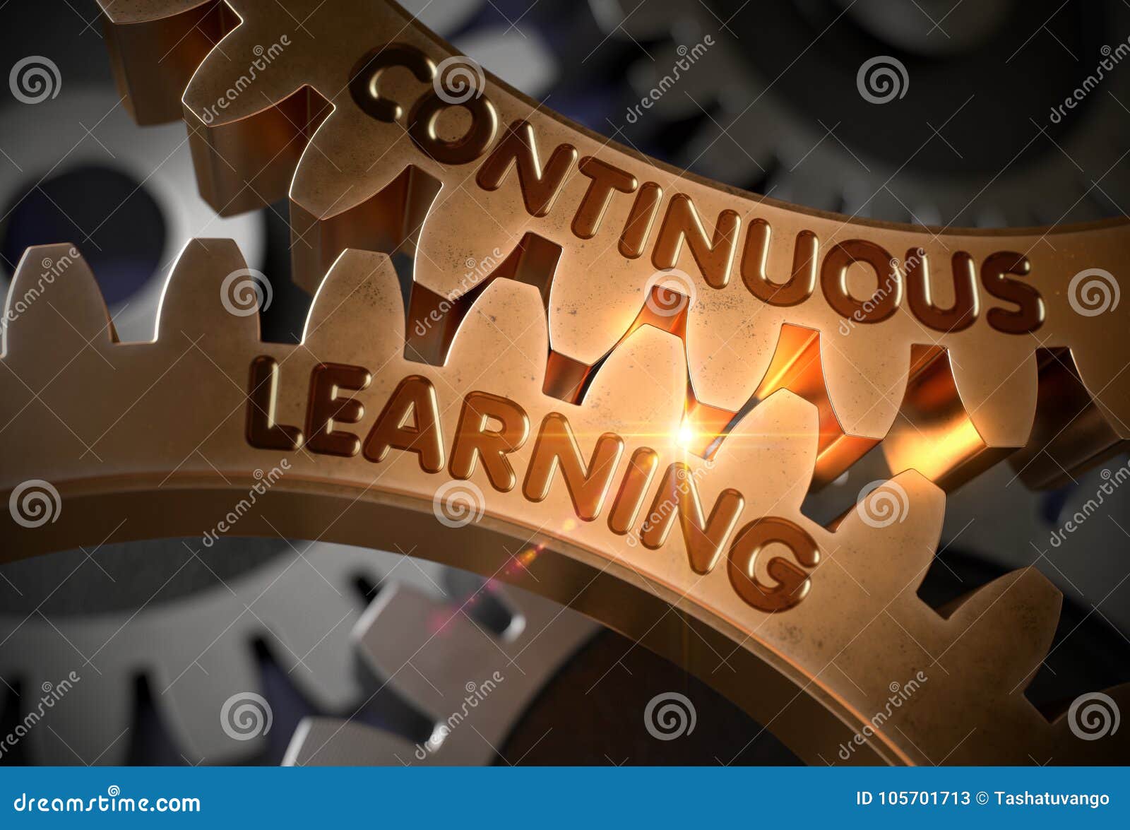 Continuous Learning on Golden Cog Gears. 3D Illustration. Stock ...