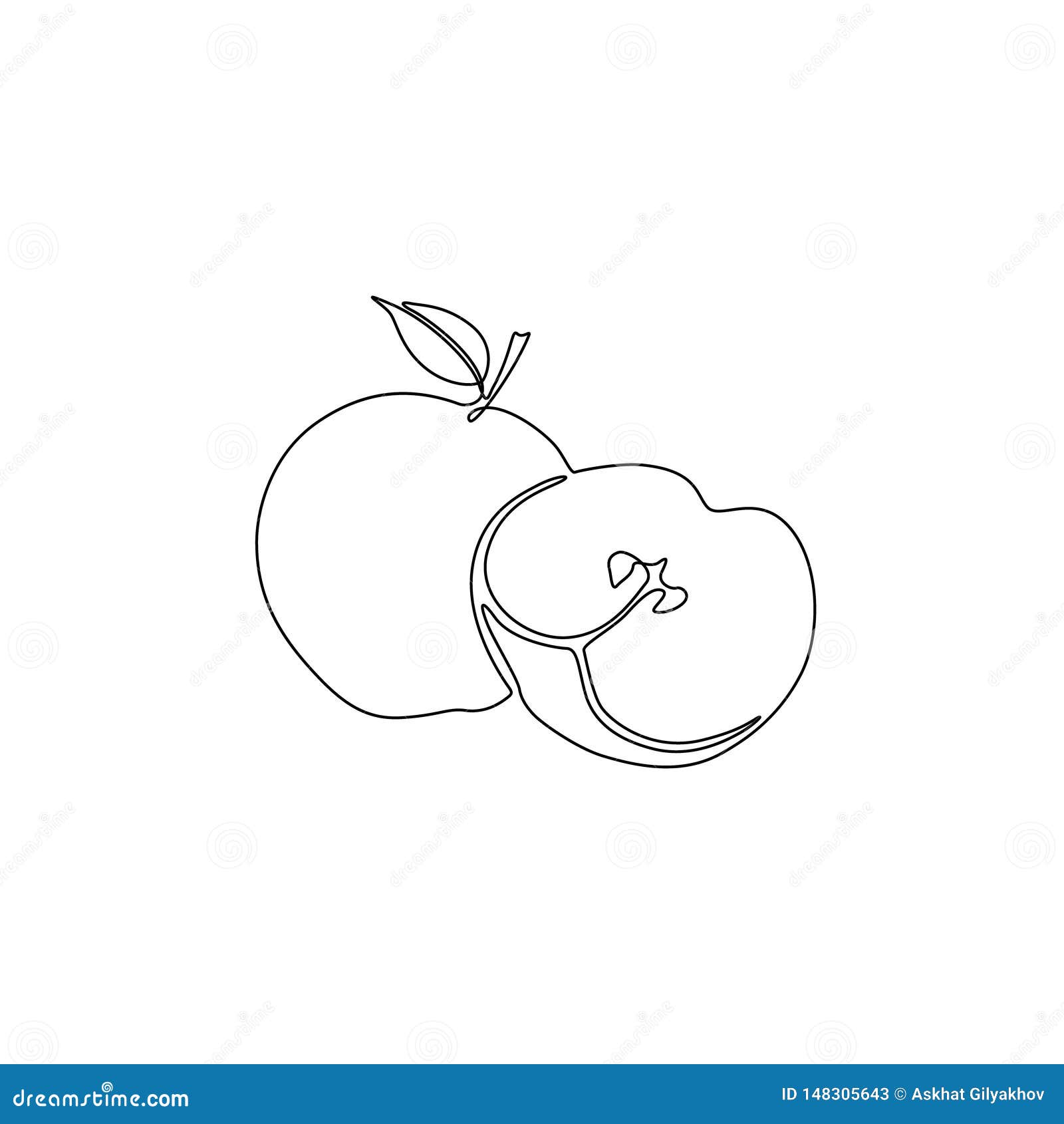 Continuous Line Apple and Sliced Apple. Vector Illustration. Stock ...
