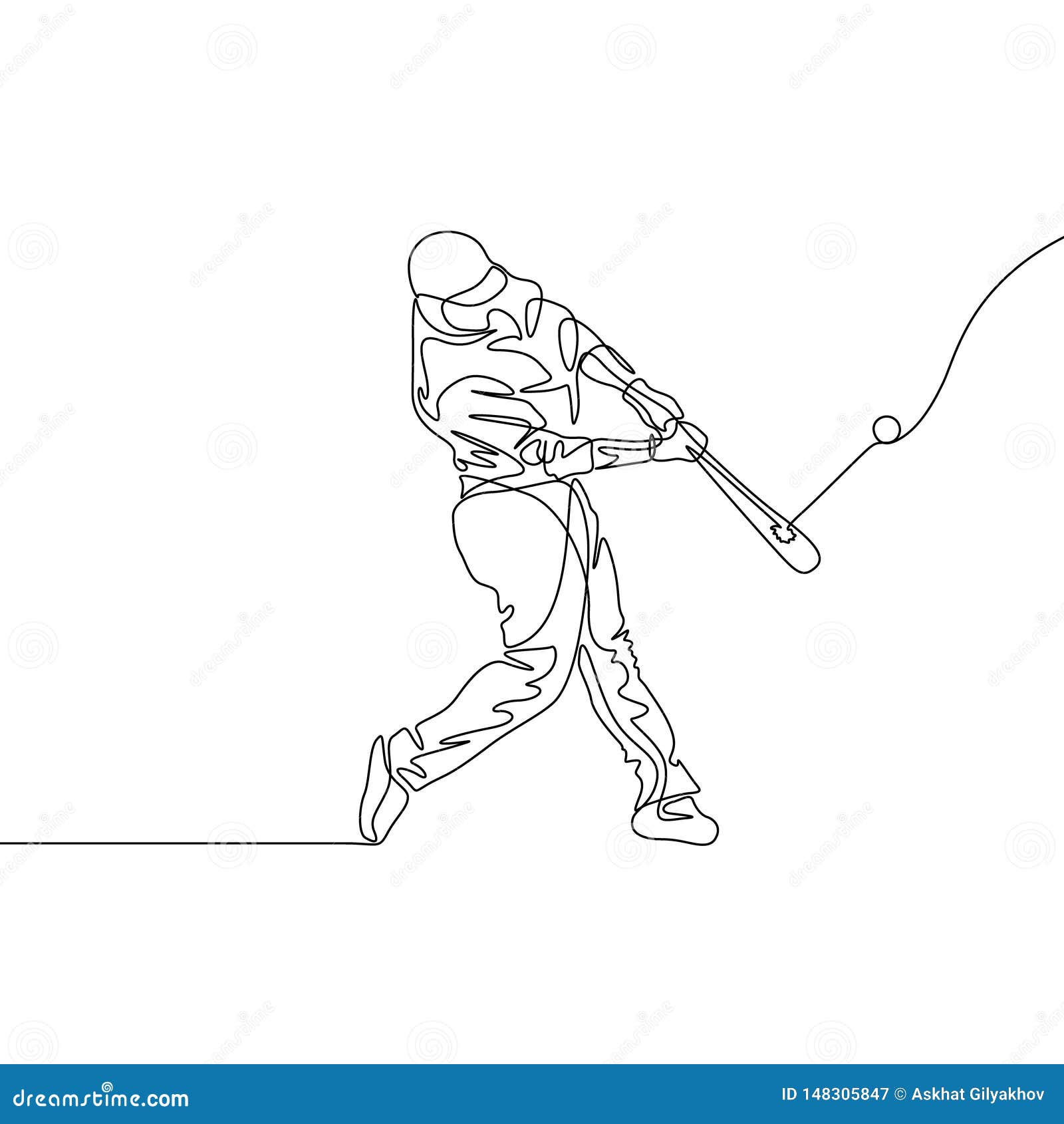 Continuous Line Baseball Player Batter Hit the Ball Stock Vector ...