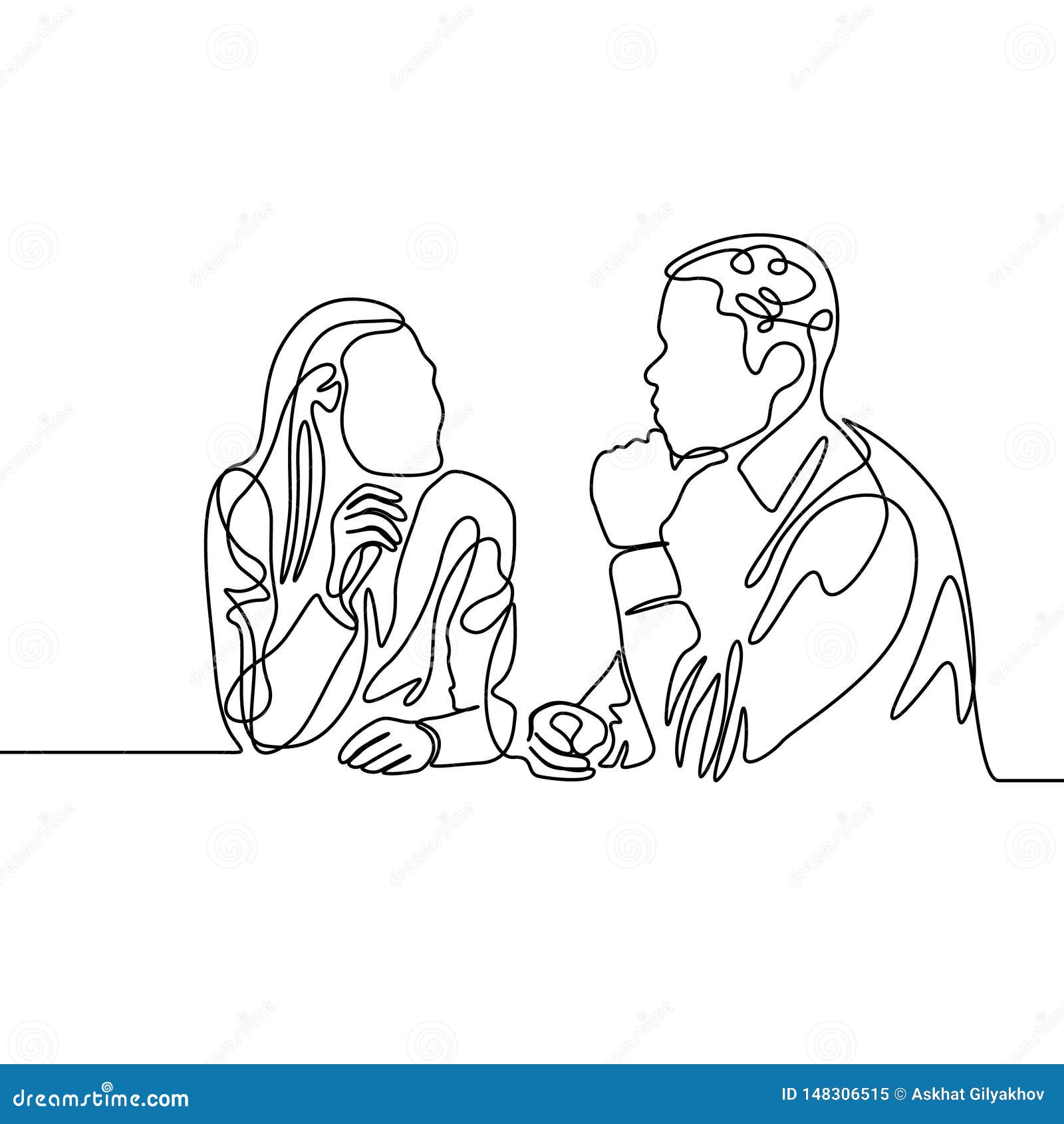 Continuous One Line Co-workers Ponder Work. Vector Illustration. Stock ...