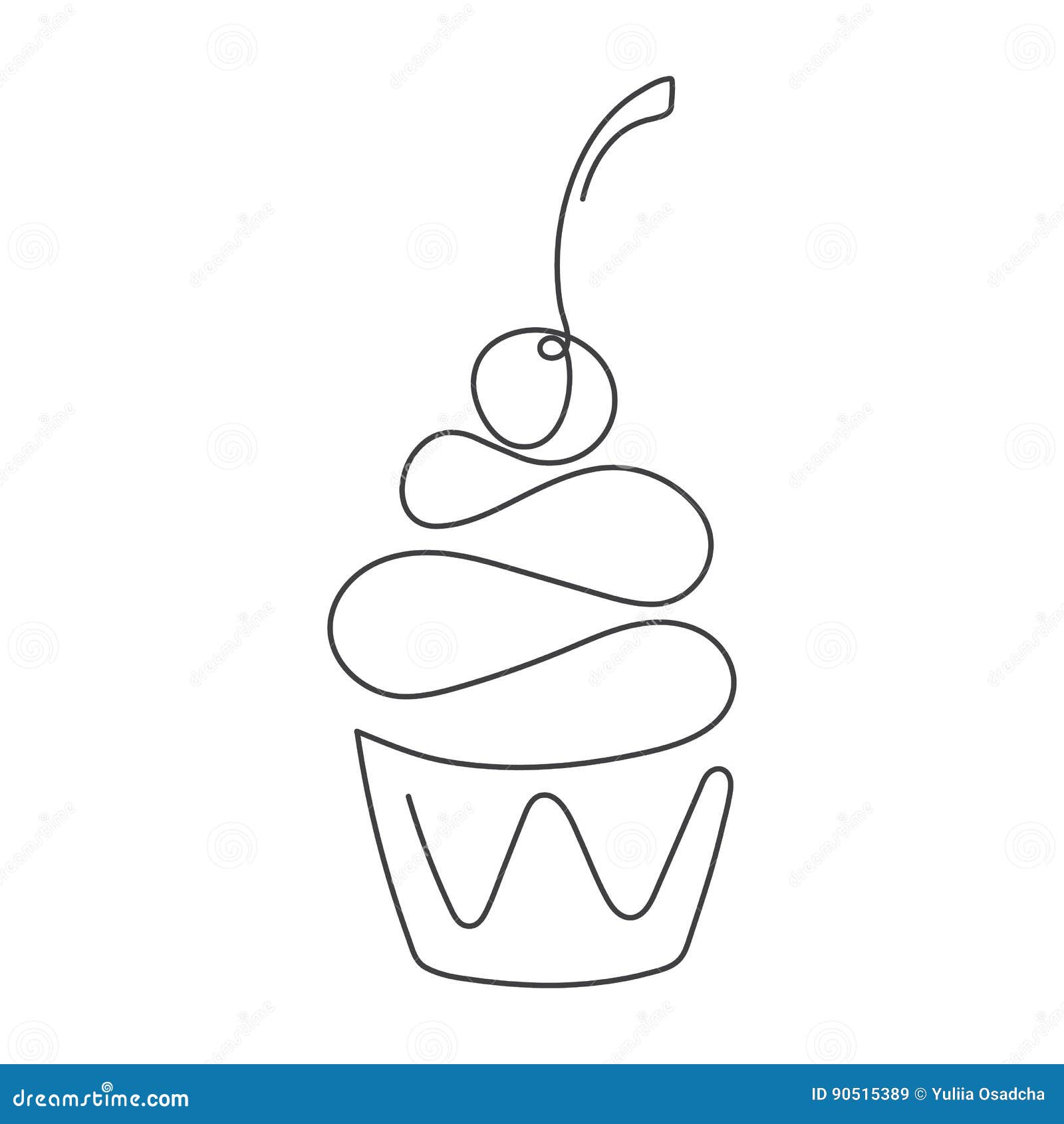 Continuous Line Cupcake with Cherry on Top Isolated on White Background ...