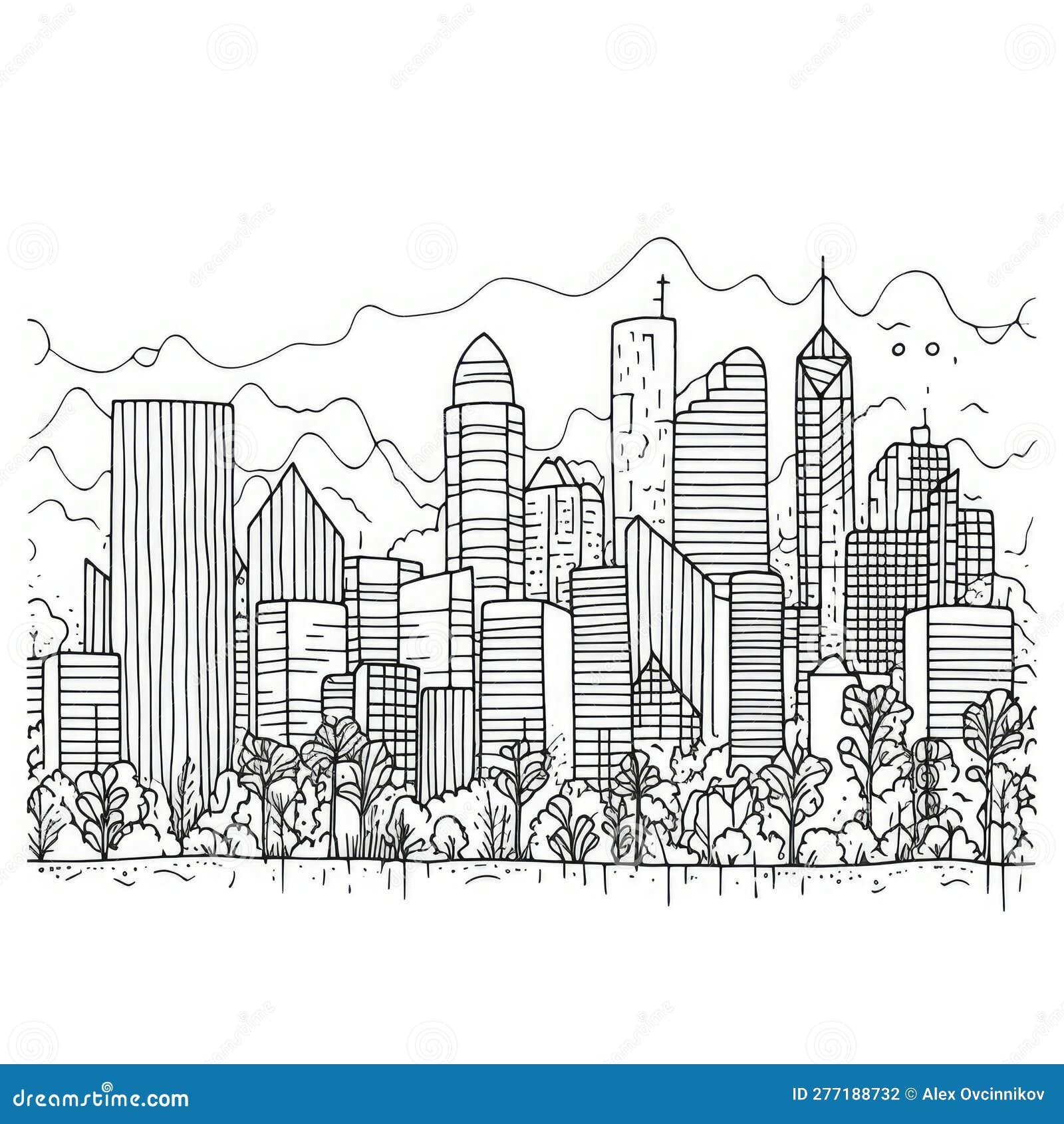 Continuous Line Drawing of a Beautiful Green Cityscape View. Perfect ...