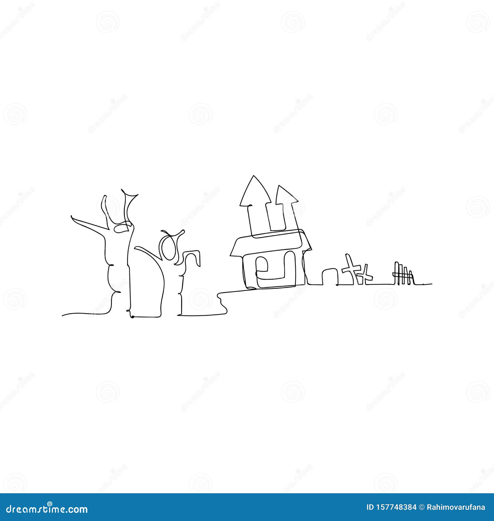 Continuous Line Drawing of Cemetery. Isolated Sketch Drawing of ...