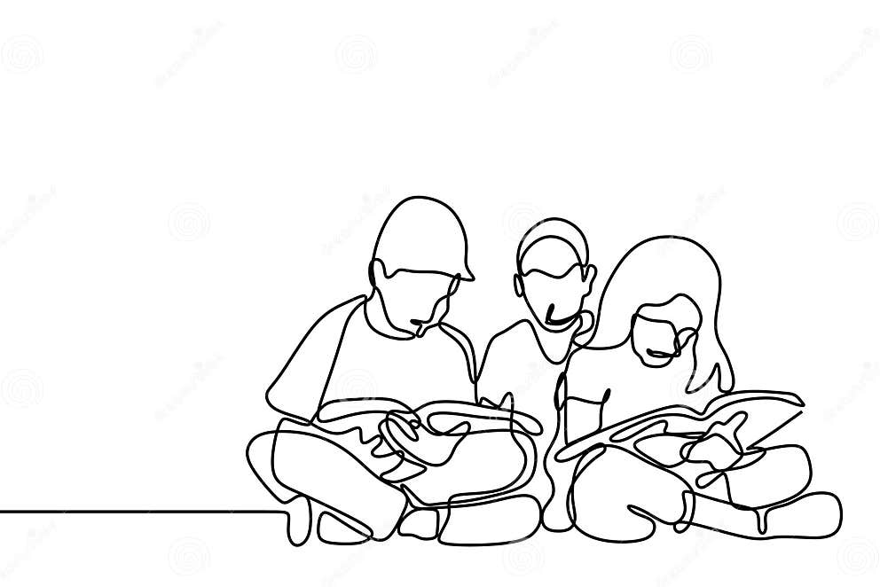 Continuous Line Drawing of Children Reading Book Vector Illustration ...