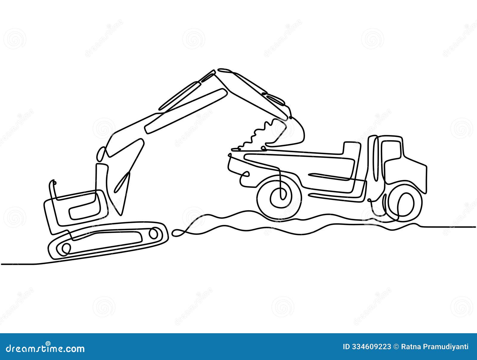 Continuous Line Drawing of a Construction Scene with Loader and Dump ...