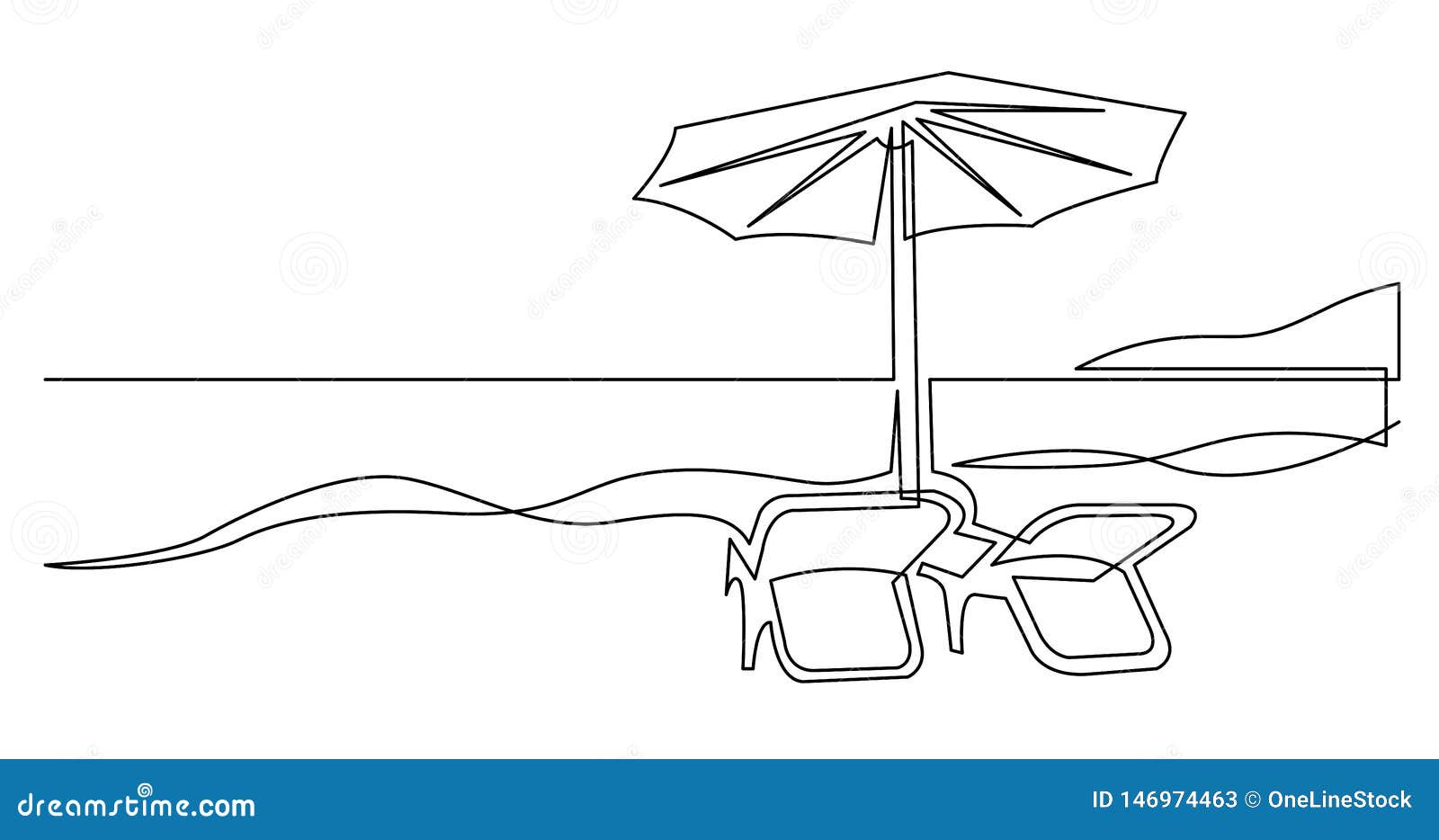 Continuous Line Drawing of Couple of Beach Chairs Under Umbrella on Sea ...