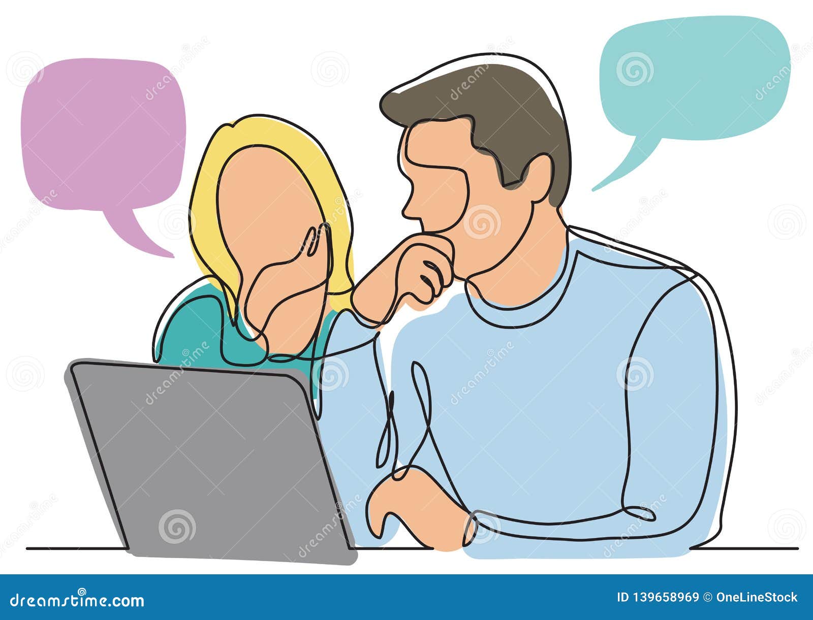 Continuous Line Drawing of Coworkers Watching Laptop Computer Together ...