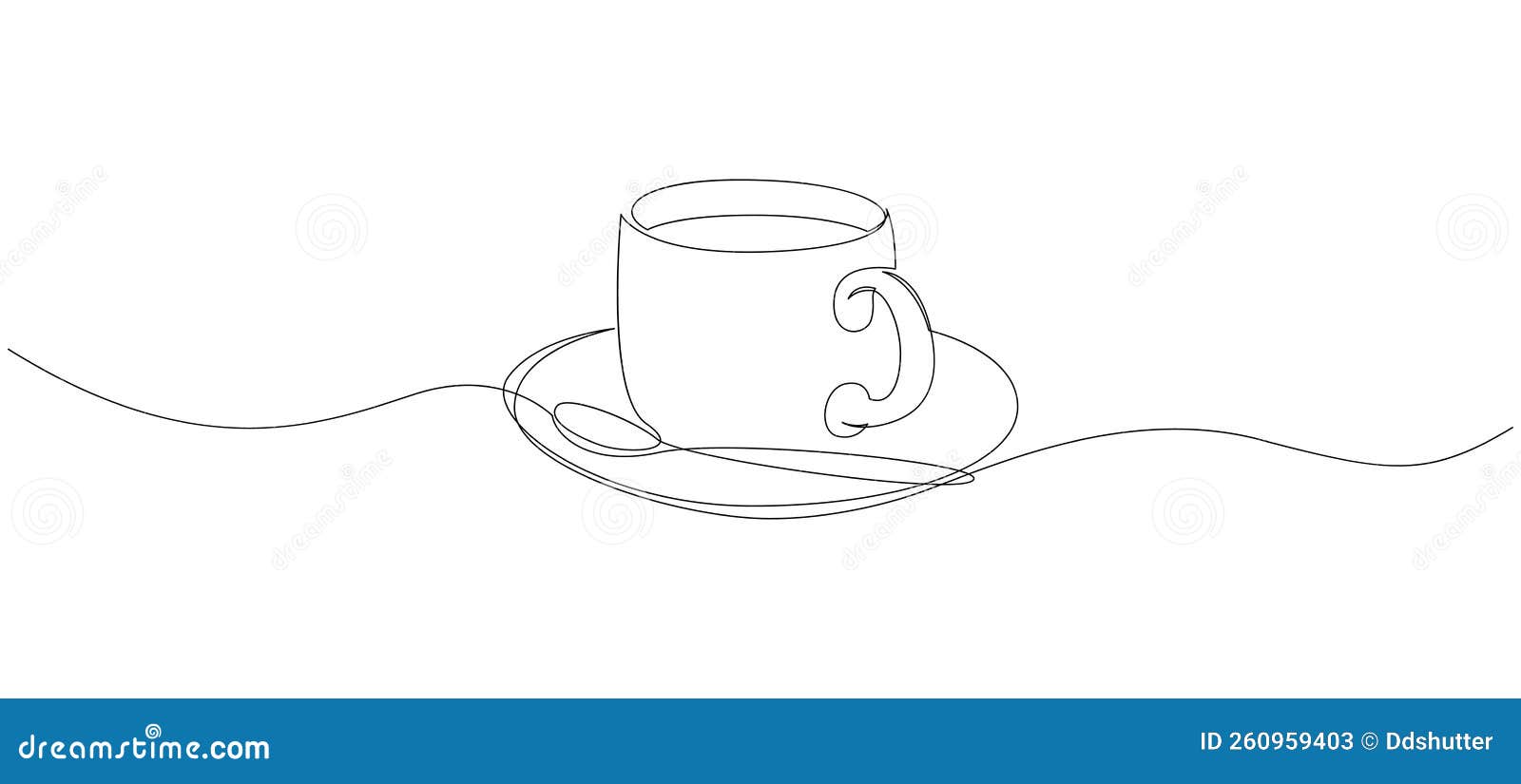 Continuous Line Drawing of Cup of Coffee with Plate and Spoon. Vector ...