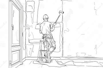 A Continuous Line Drawing Depicting a Painter Using a Paint Roller To ...