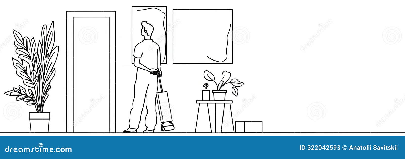 A Continuous Line Drawing Depicts A Painter Decorating The Interior Of ...