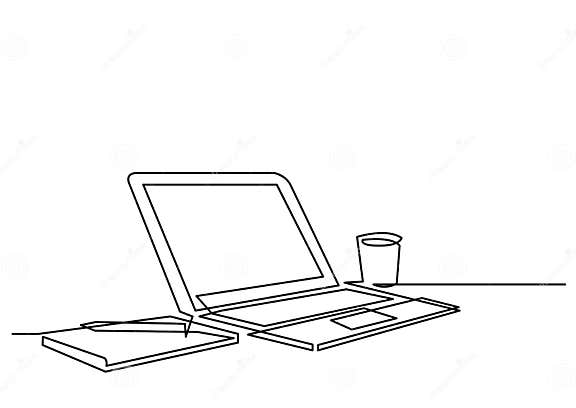 Continuous Line Drawing of Desk Laptop Computer Pen Stock Vector ...