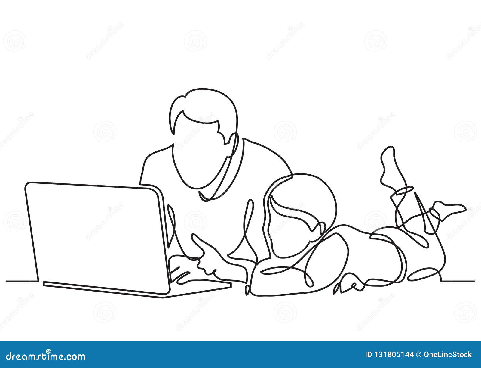 Continuous Line Drawing of Father and Child Watching Laptop Computer ...