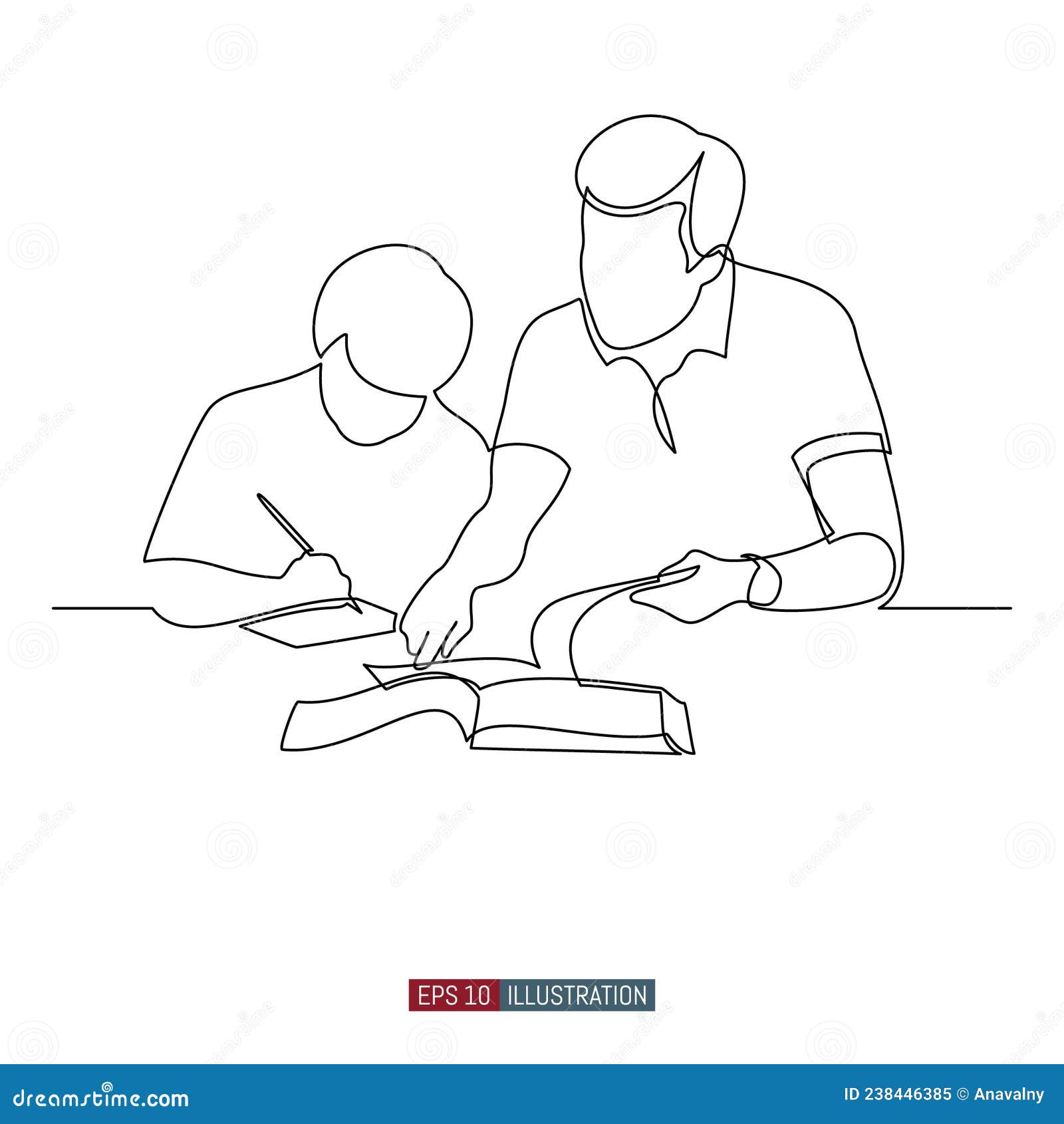 Continuous Line Drawing of the Father Helps His Son with Schoolwork ...