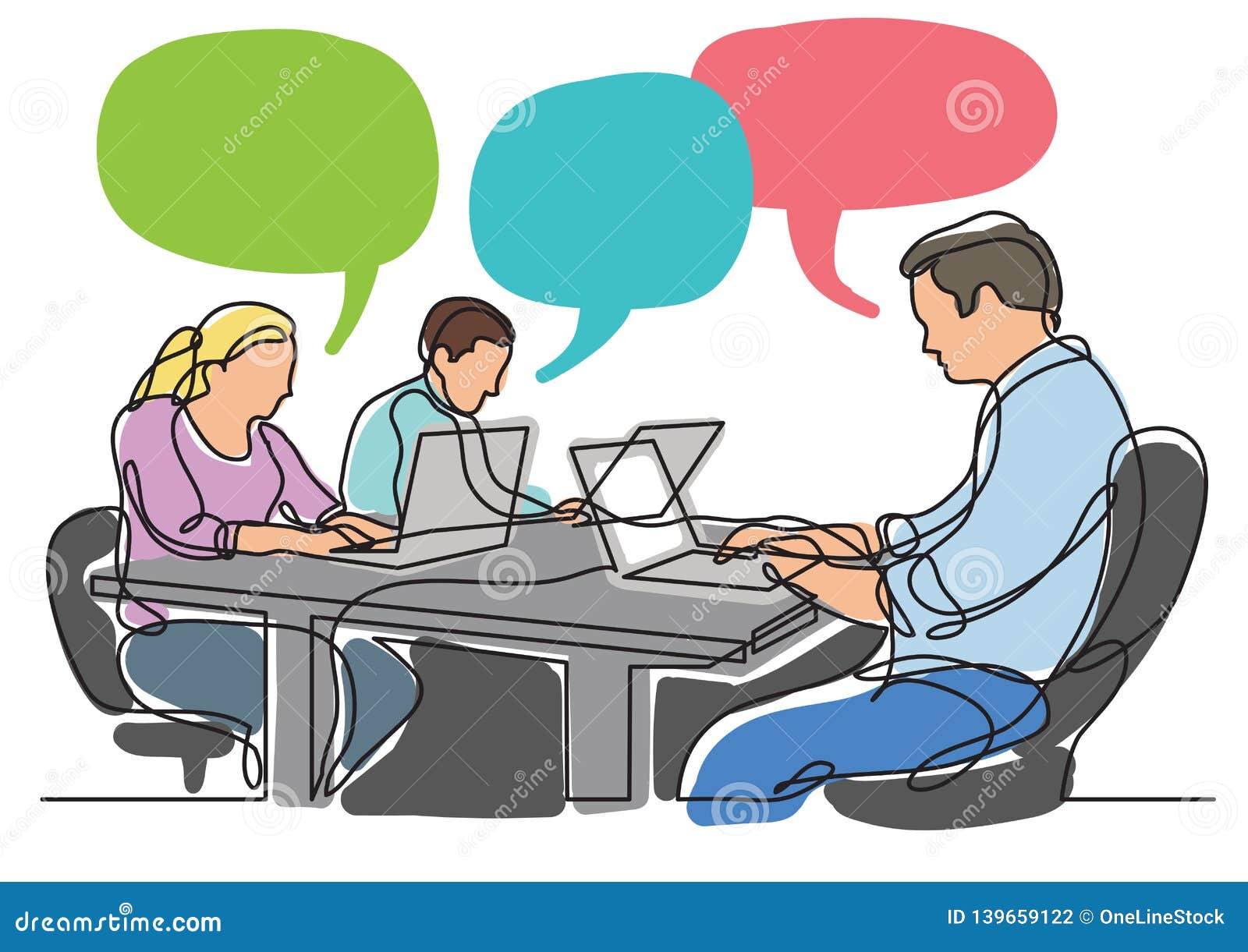 Continuous Line Drawing of Three Coworkers Working on Laptops Stock ...