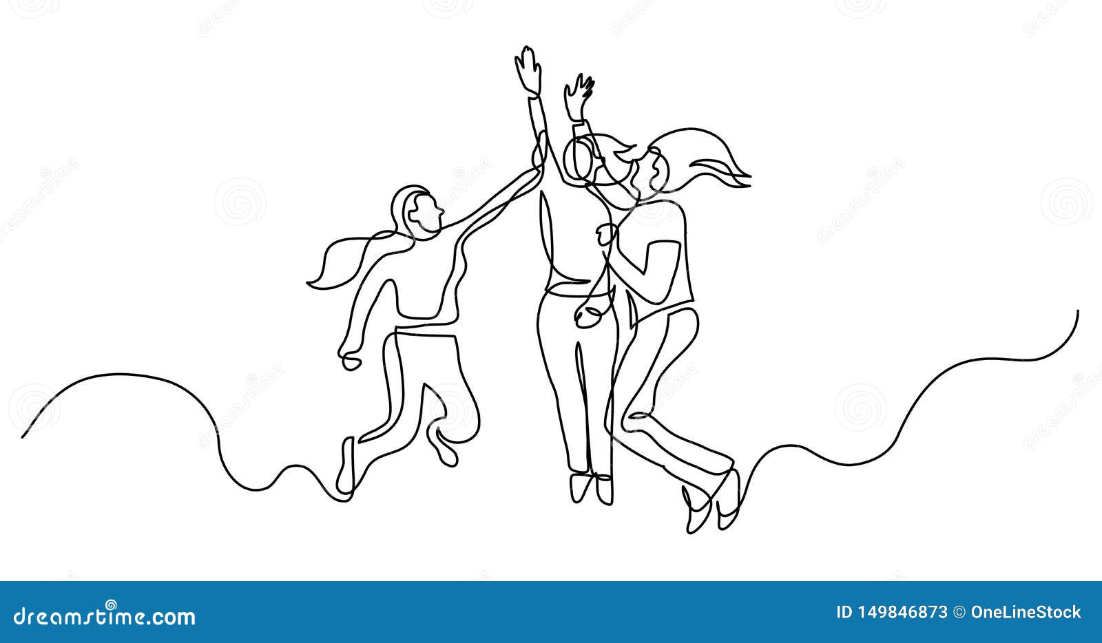 Continuous Line Drawing of Group of Happy Women Jumping Giving High ...
