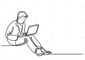Continuous Line Drawing of a Guy Sitting with Laptop Computer Stock ...