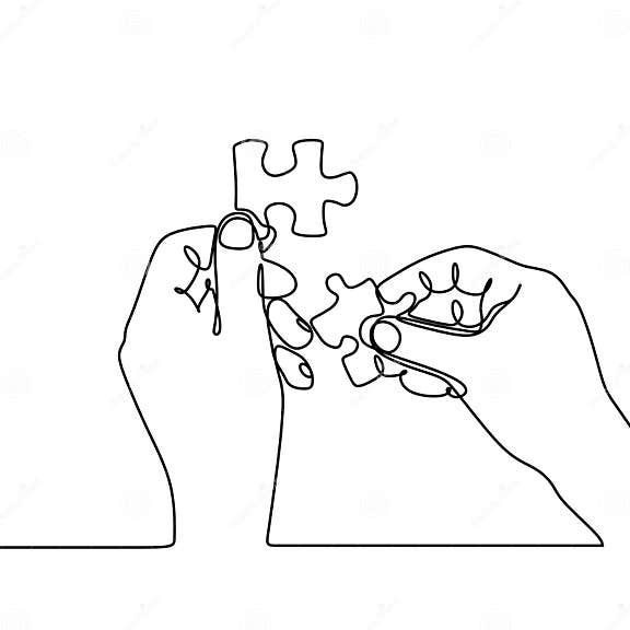 Continuous Line Drawing of Hands Solving Jigsaw Puzzle Minimalist ...