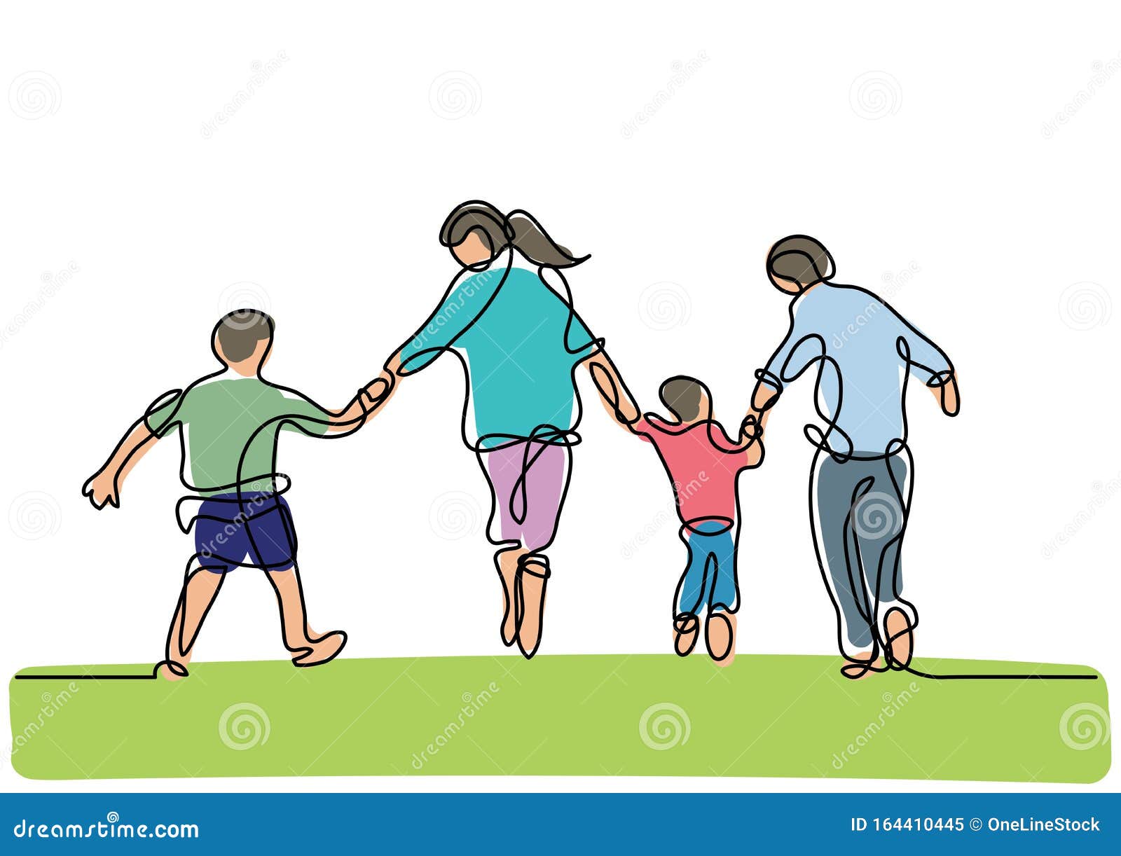 Continuous Line Drawing of Happy Family Running Stock Vector ...