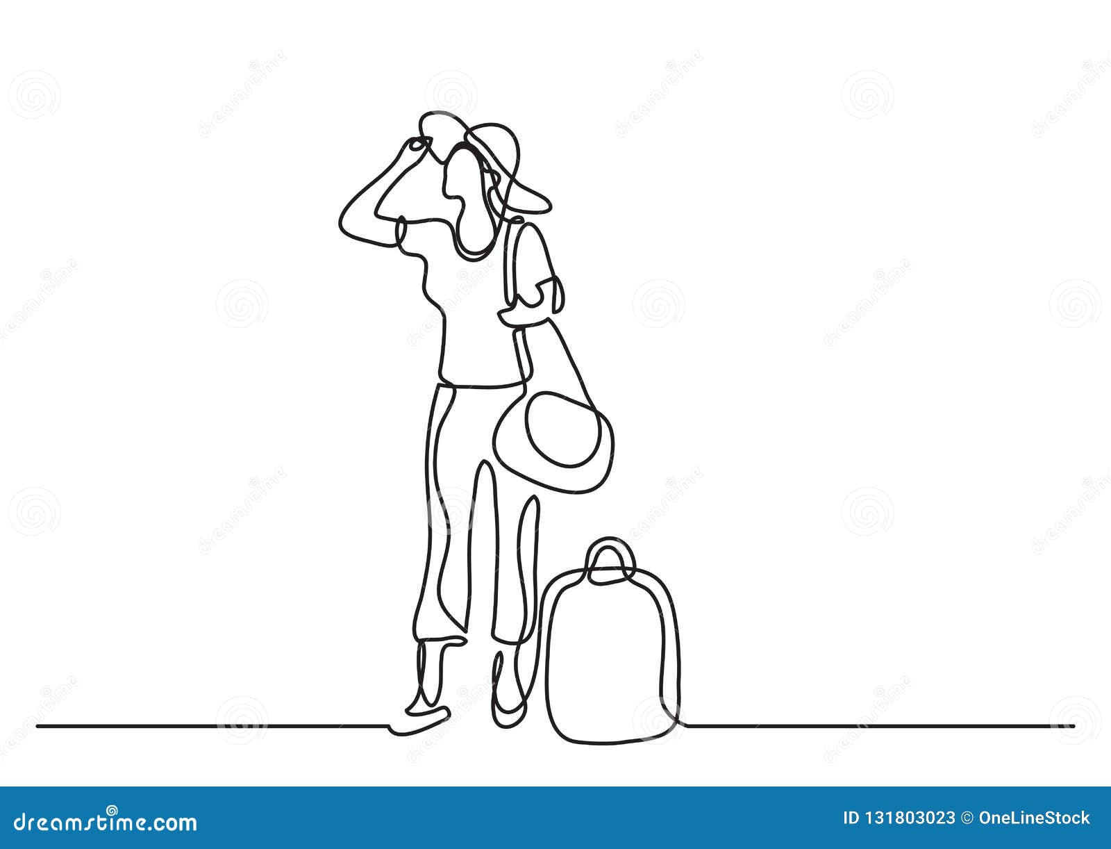 Continuous Line Drawing of Happy Standing Woman Traveler with Baggage ... Continuous Line Drawing of Happy Standing Woman Traveler with Baggage ...