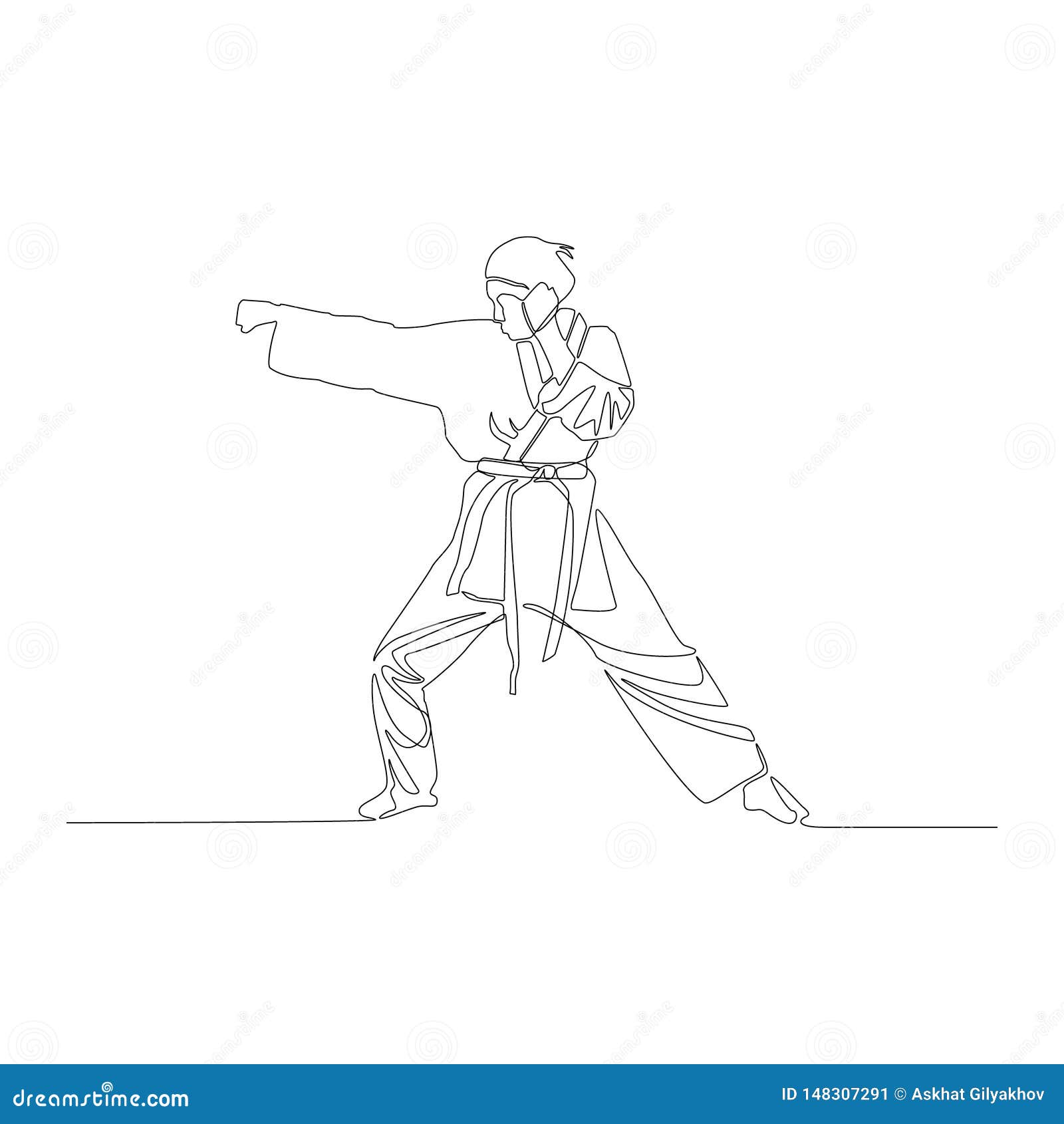 Continuous Line Drawing Karate Girl Makes a Punch. Vector Illustration ...
