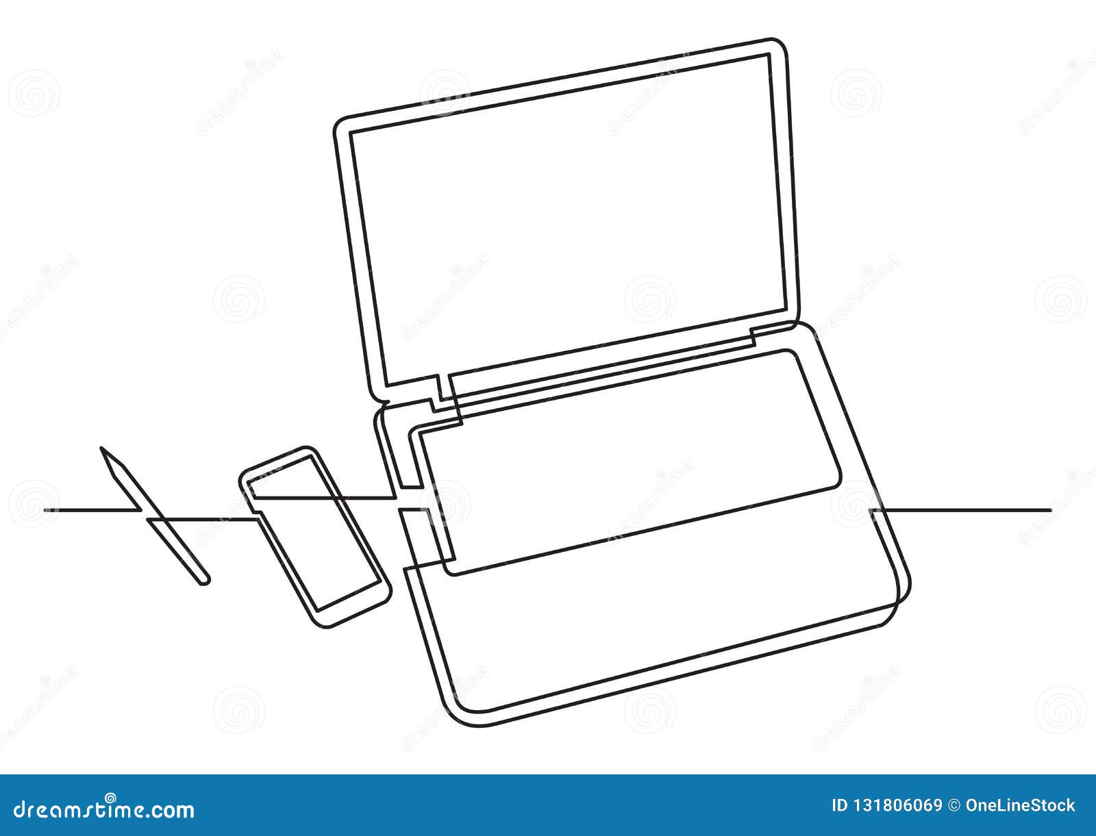 Continuous Line Drawing of Laptop Computer Phone and Pencil Stock ...