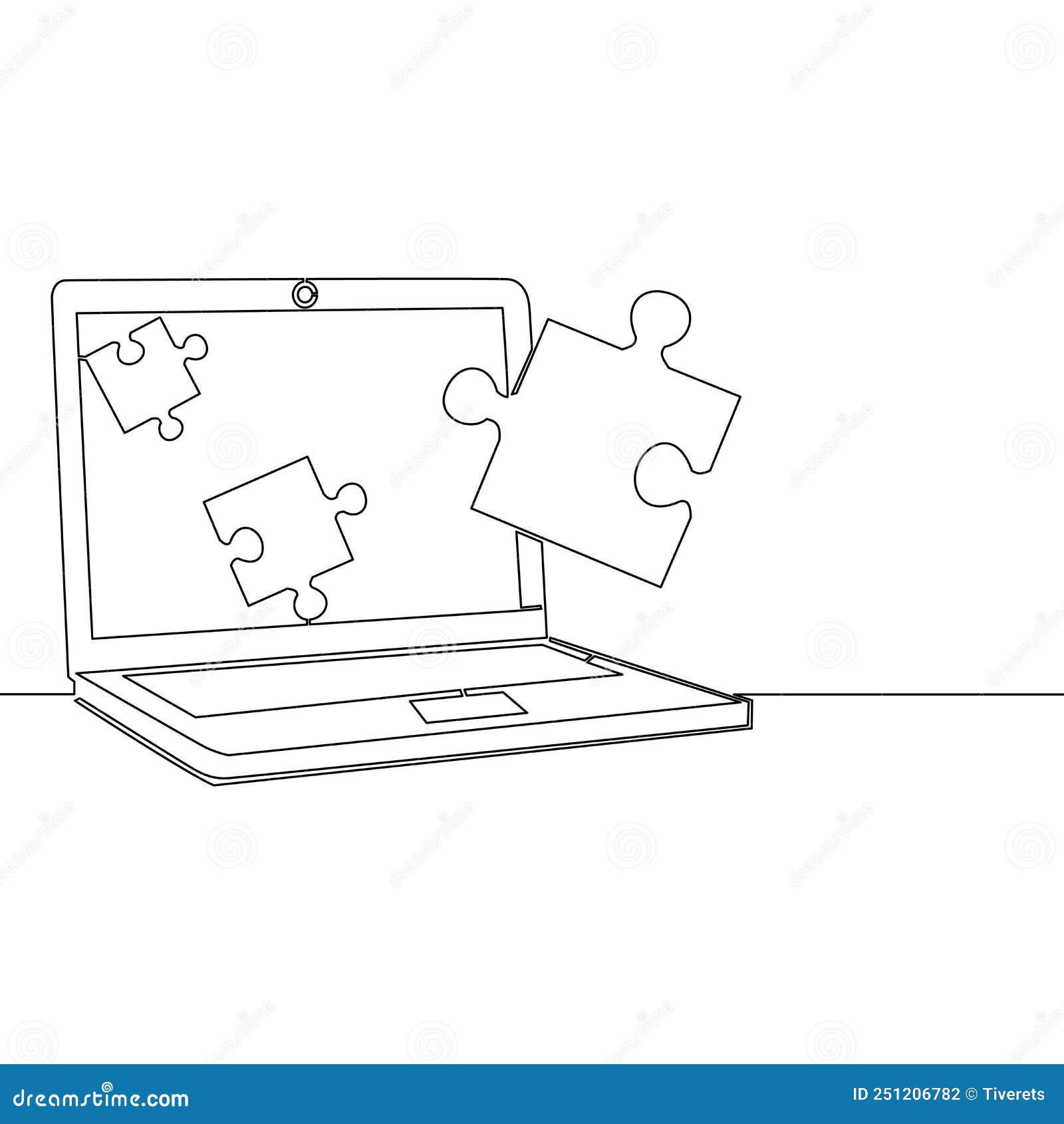 Continuous Line Drawing Laptop Computer with Puzzle Pieces Business ...