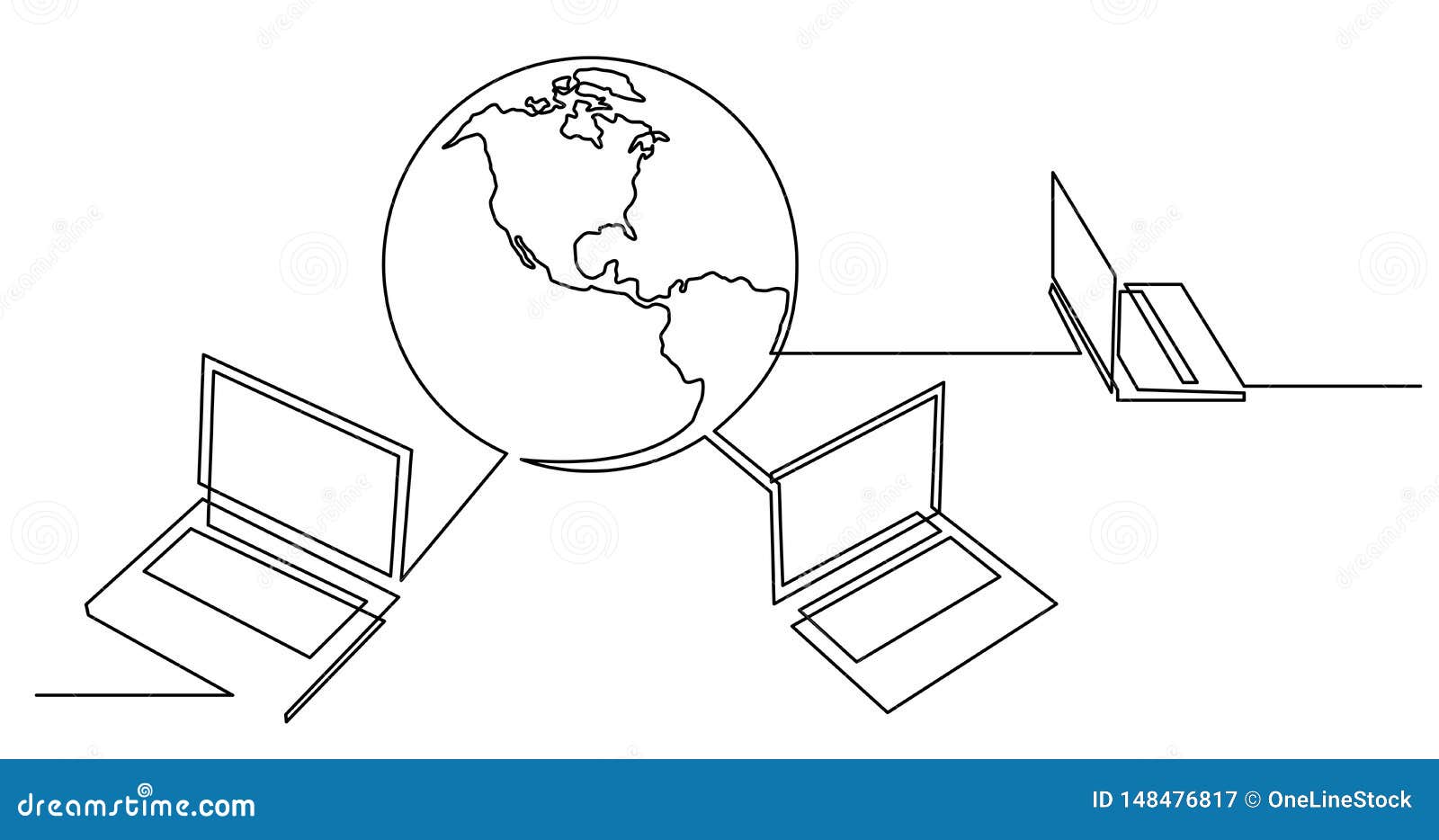 Continuous Line Drawing of Laptop Computers Connected To the World ...