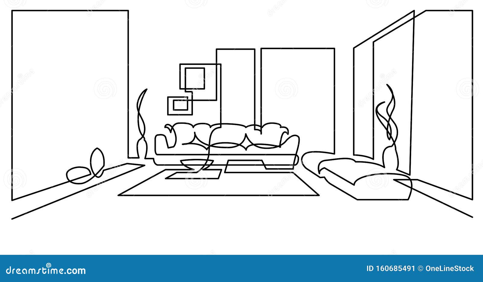 Continuous Line Drawing of Living Room with Couch Ottomans Coffee Table ...