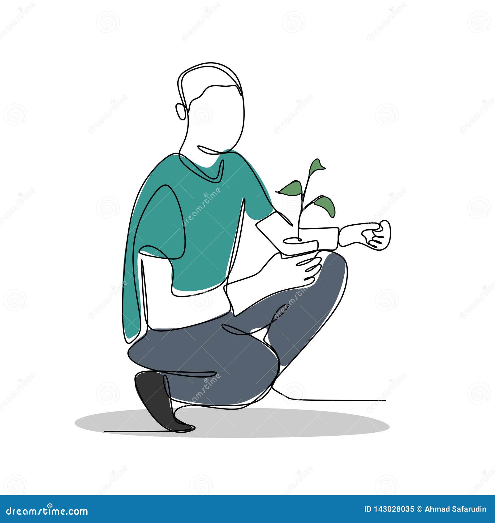 Continuous Line Drawing of a Man Holding a Plant Stock Vector ...