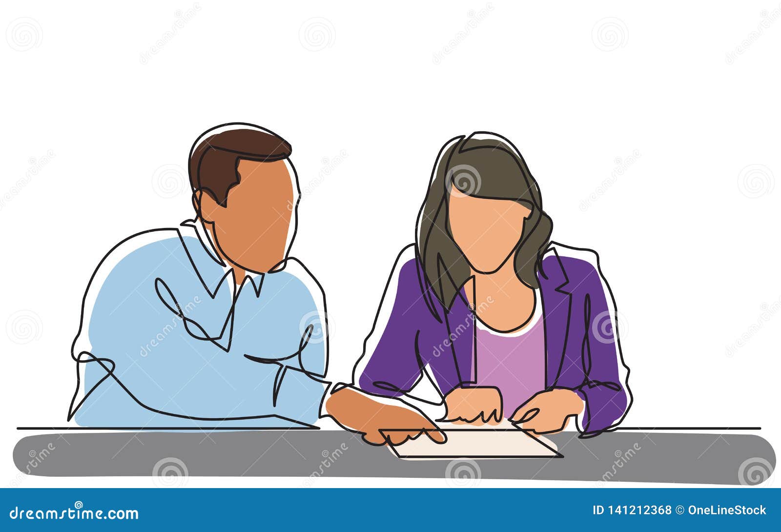 Continuous Line Drawing of Man Instructing Woman on Work Place Stock ...