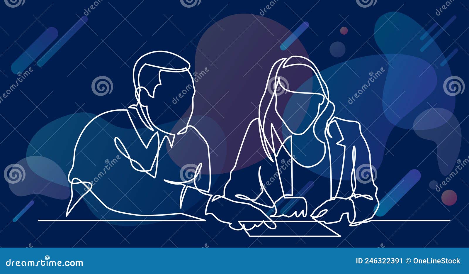 Continuous Line Drawing Of Man Instructing Woman On Work Place Cartoon ...