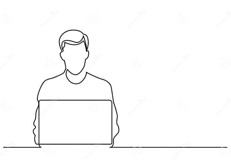 Continuous Line Drawing of Man Sitting Behind Laptop Computer Stock ...