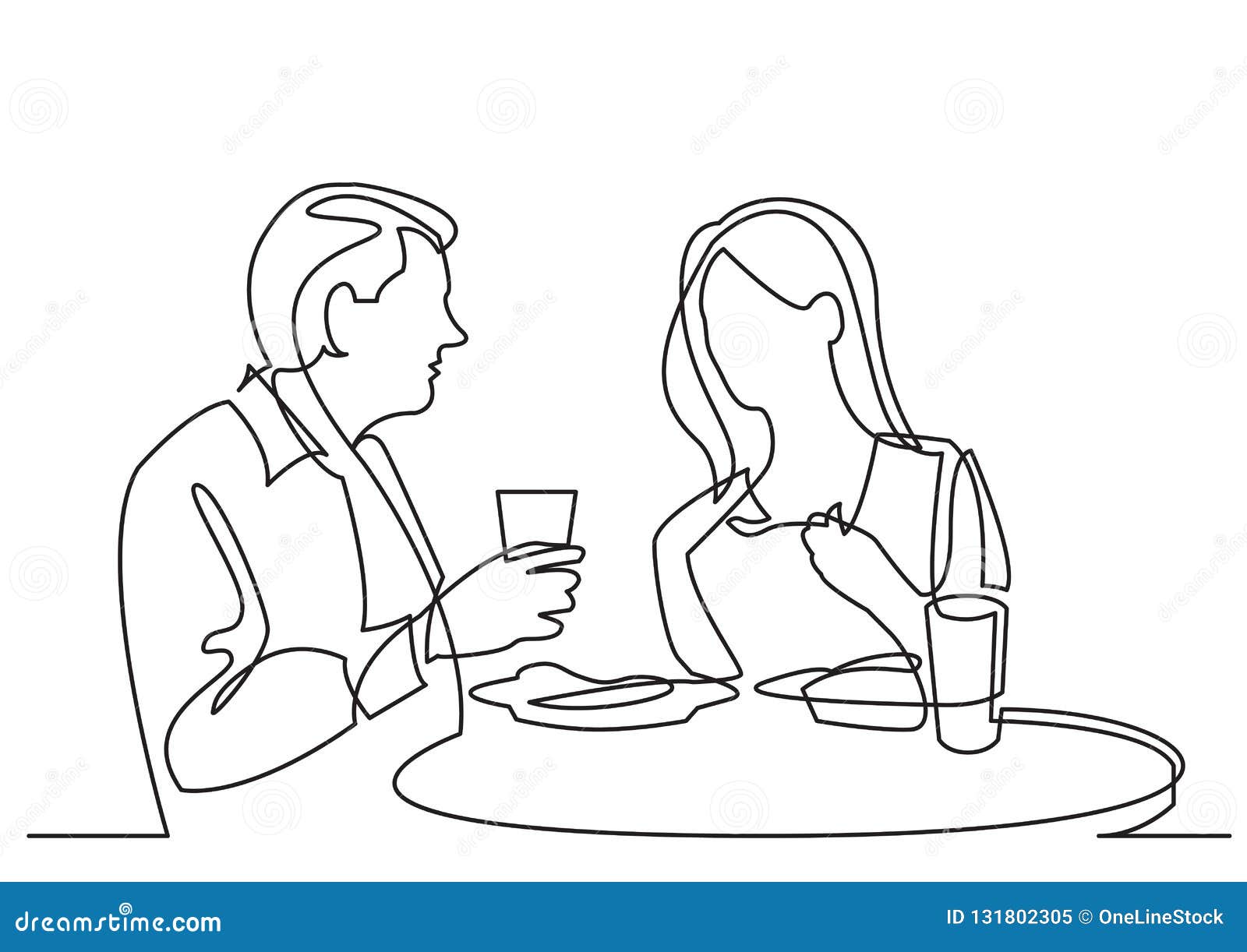 Continuous Line Drawing of Man and Woman Dining in Restaurant Stock ...