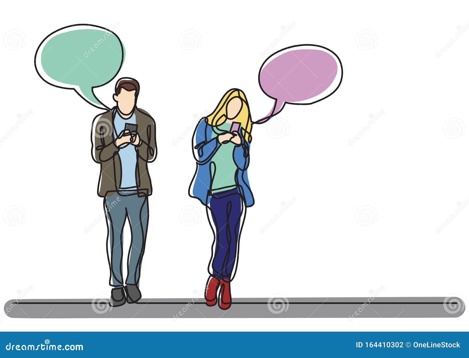 Continuous Line Drawing Of Man And Woman Using Their Mobile Phones In
