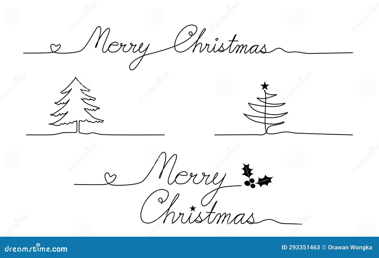 Continuous Line Drawing of Merry Chistmas Text and Chistmas Tree, Flat ...